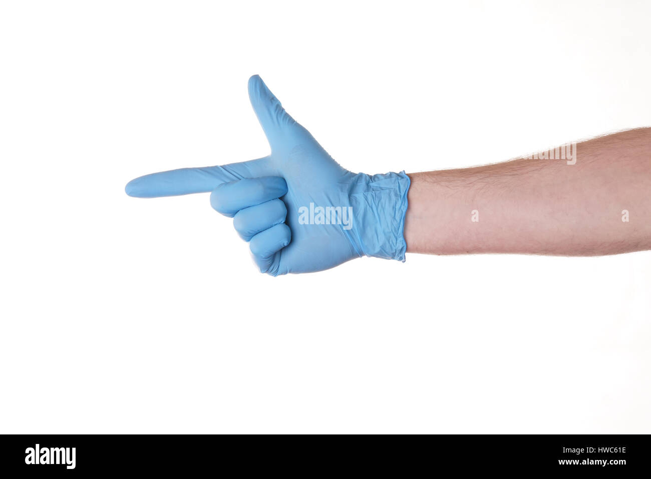 Stock Photo - Right hand gestures pointing wearing a blue nitrile glove ...