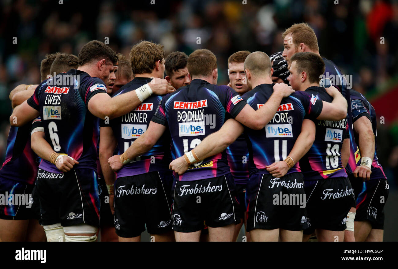 Exeter Chiefs' players stay out on the pitch for a team talk at half ...