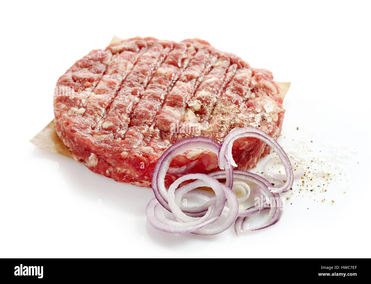 raw minced meat with onions, pepper and salt for making a burger ...