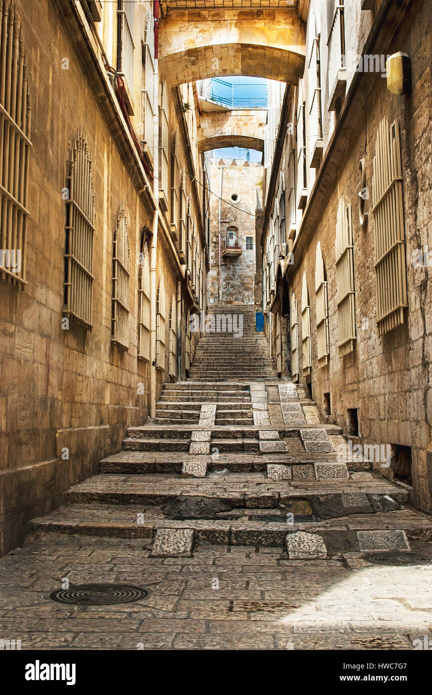 Old city street, stairs, stone stairway and arch. Jerusalem, Israel ...
