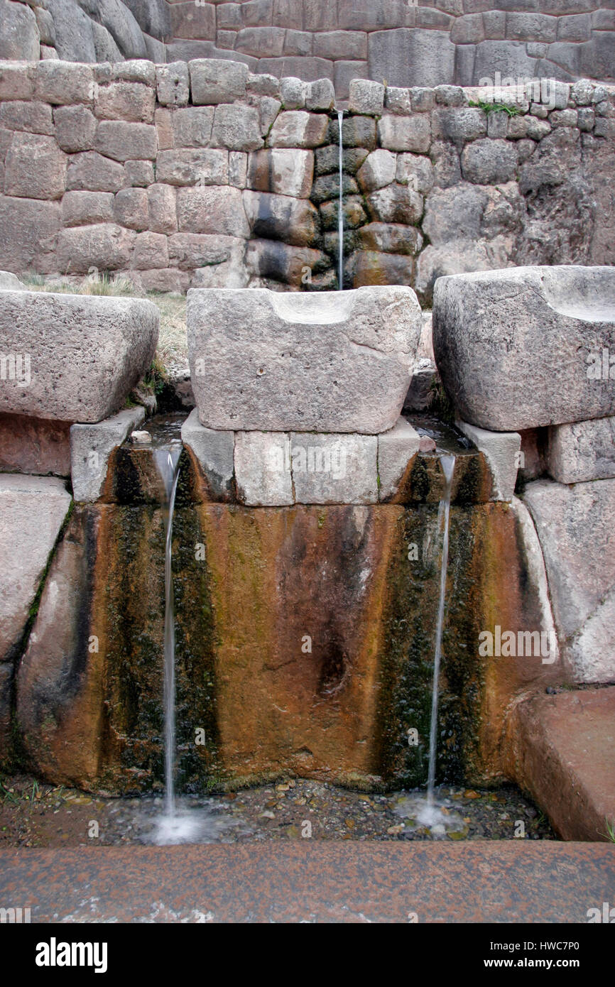 A fountain at the Sacsayhuaman Incan ruins near Cuzco, Peru on November ...