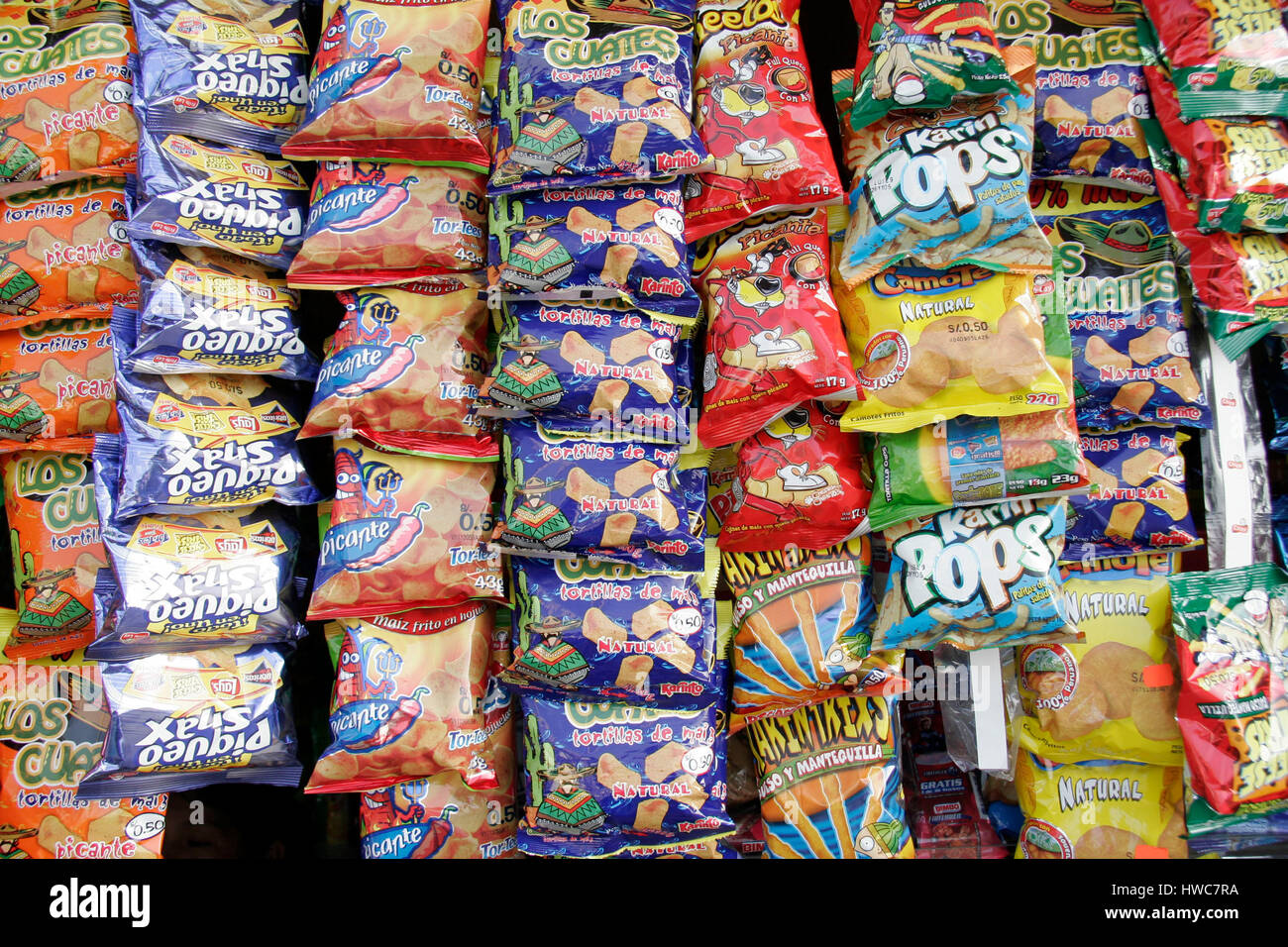 Snacks for sale at a vendor's booth in Lima, Peru on November 5, 2005 ...