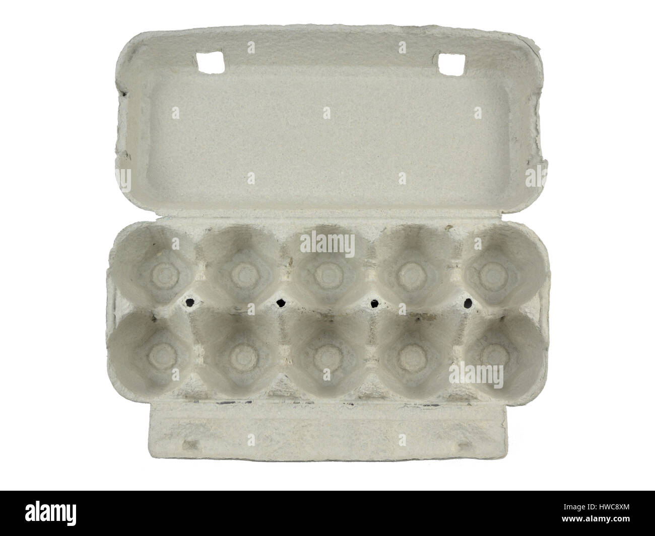 Open cardboard egg box isolated on white Stock Photo - Alamy