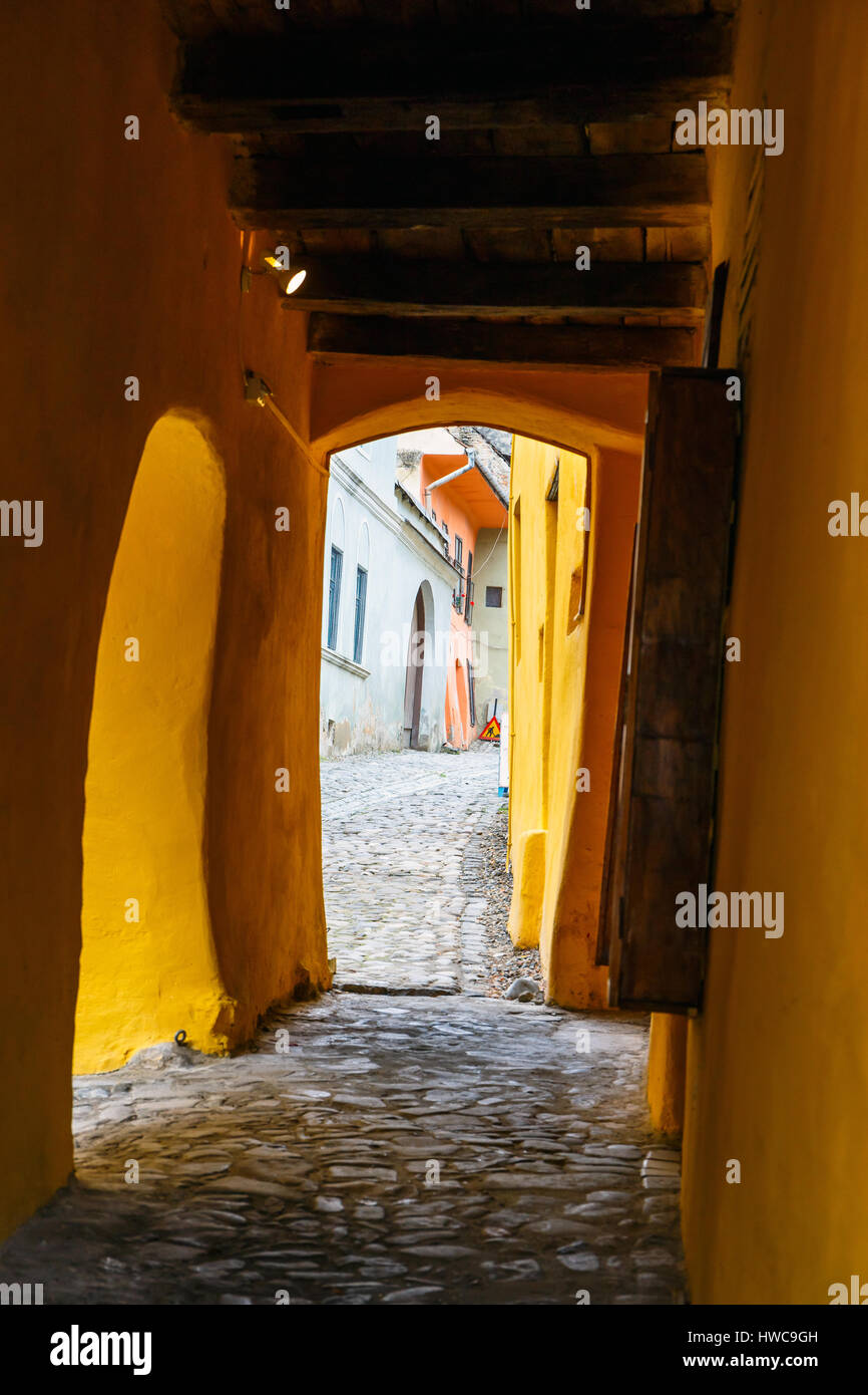 Medieval street view in Sighisoara, Romania Stock Photo - Alamy