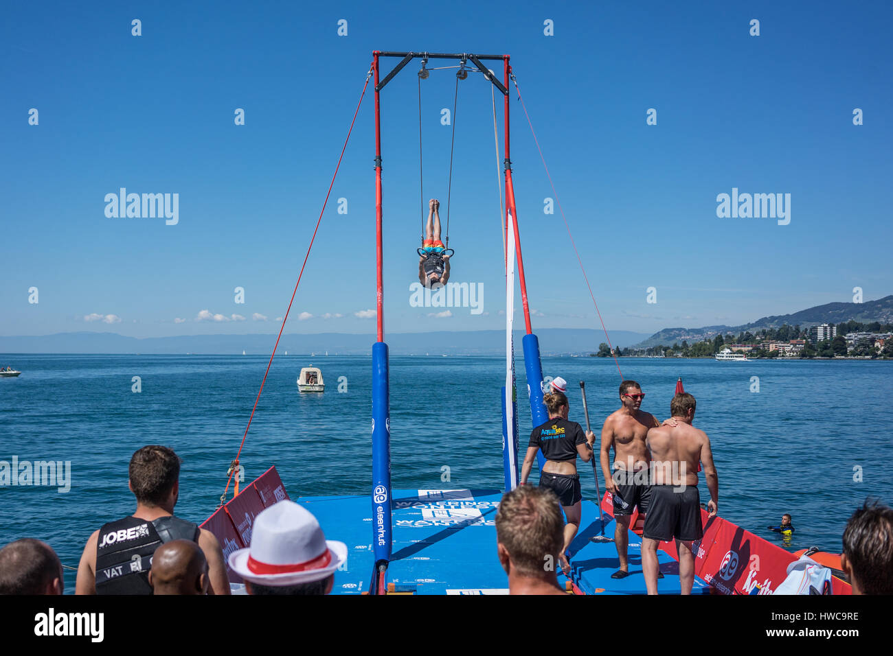 Diving contest on the shore of Lake Geneva, Montreux, Switzerland Stock ...