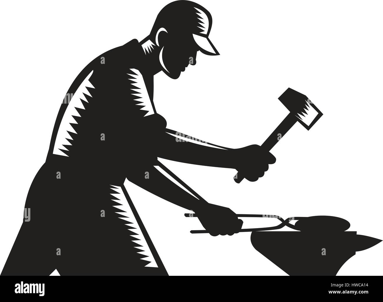 Black and white illustration of a blacksmith worker forging iron viewed ...