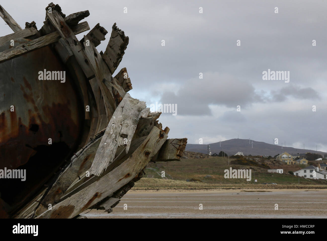 The wreck of a wooden fishing boat at Bunbeg, County Donegal, Ireland ...