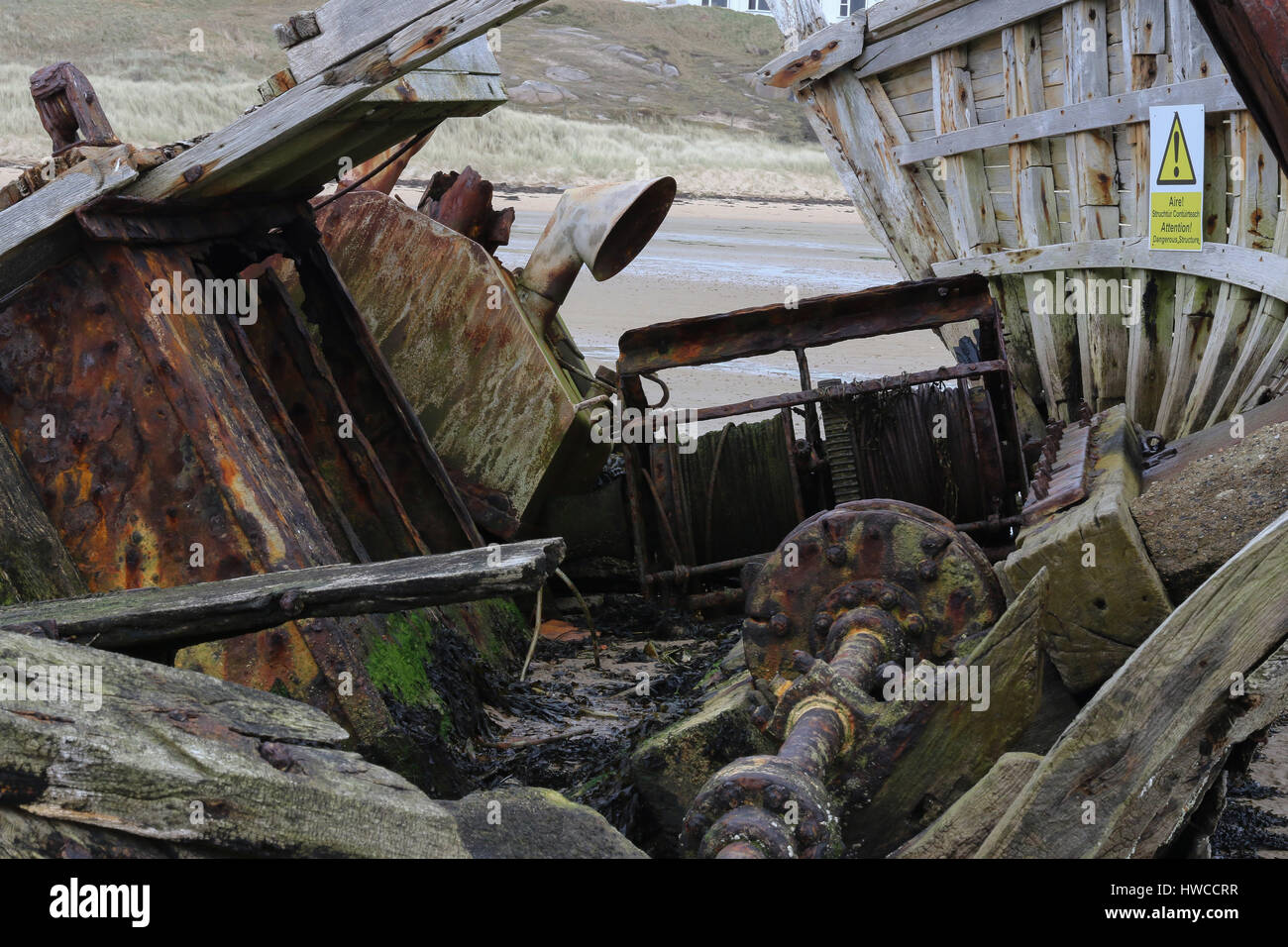 The wreck of a wooden fishing boat at Bunbeg, County Donegal, Ireland ...