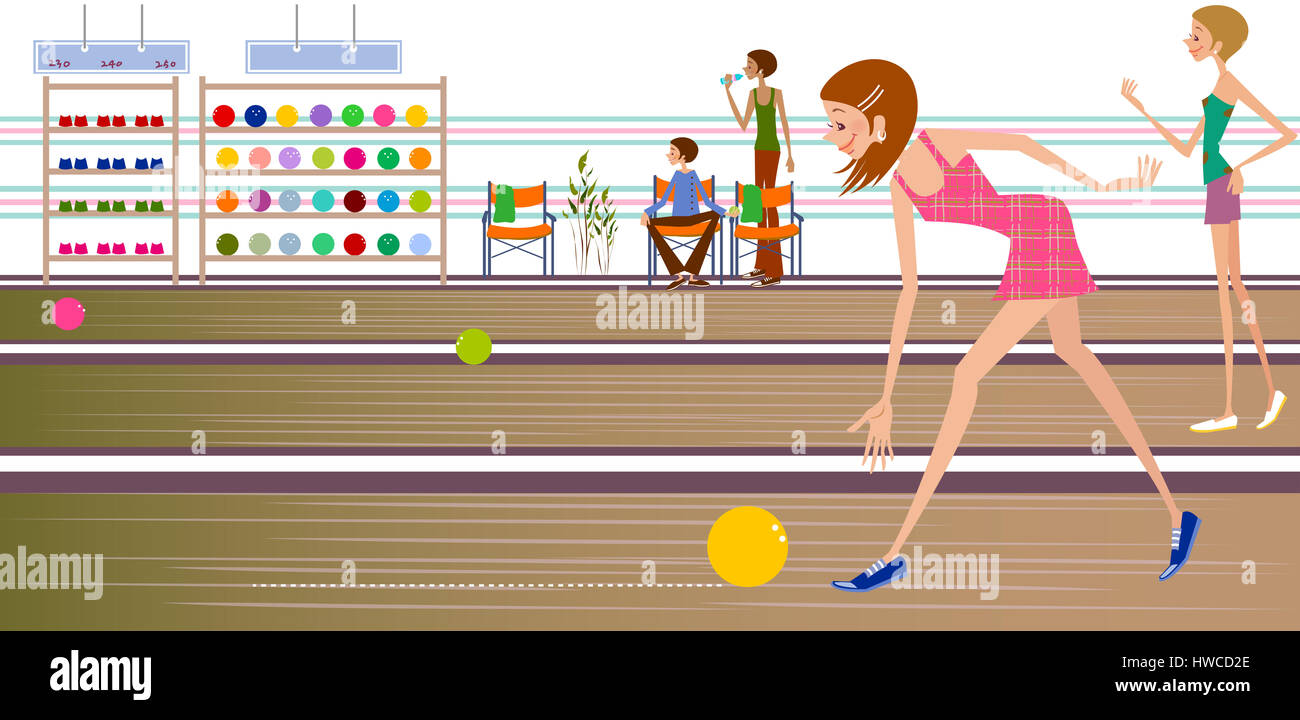 bowling alley,bowling ball,brown hair,casual clothing,color image ...