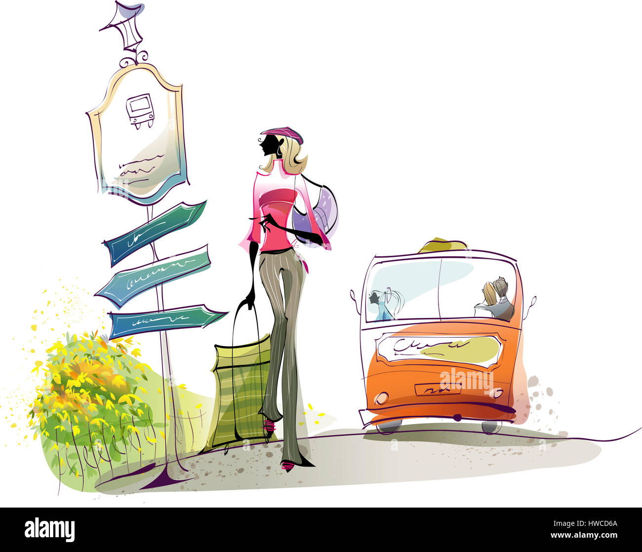 blond hair,bus,bus stop,carrying,casual clothing,color image,computer ...