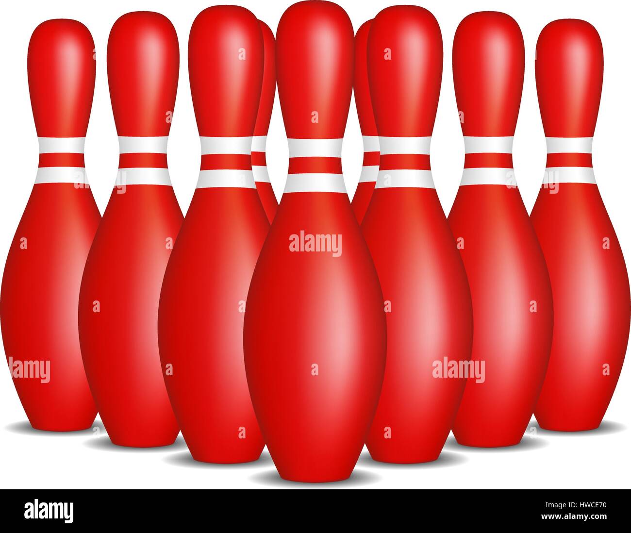 Bowling pins in red design with white stripes standing in formation on ...