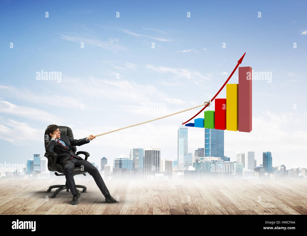 Man pulling with effort big pulling rope graph, as a symbol of ...