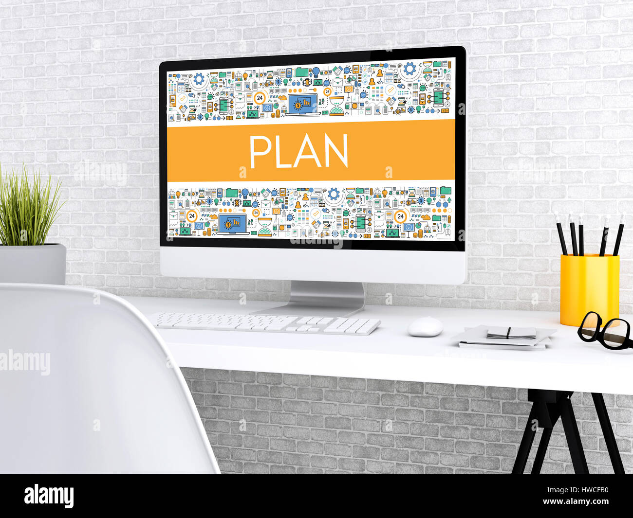 3D illustration. Modern workspace and computer with word PLAN ...