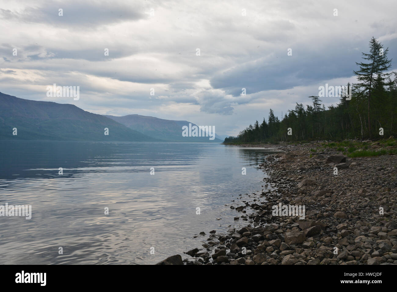 Twilight landscape of northern lake. Water and stones on the Taimyr ...