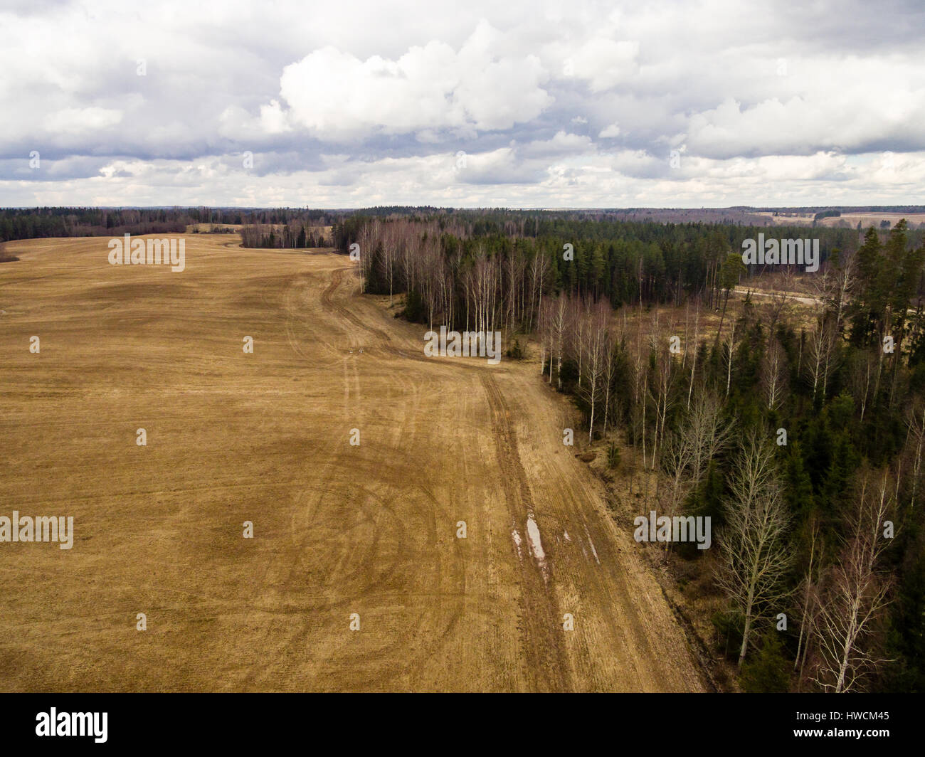 aerial view of rural area with fields and forests in cloudy spring day ...