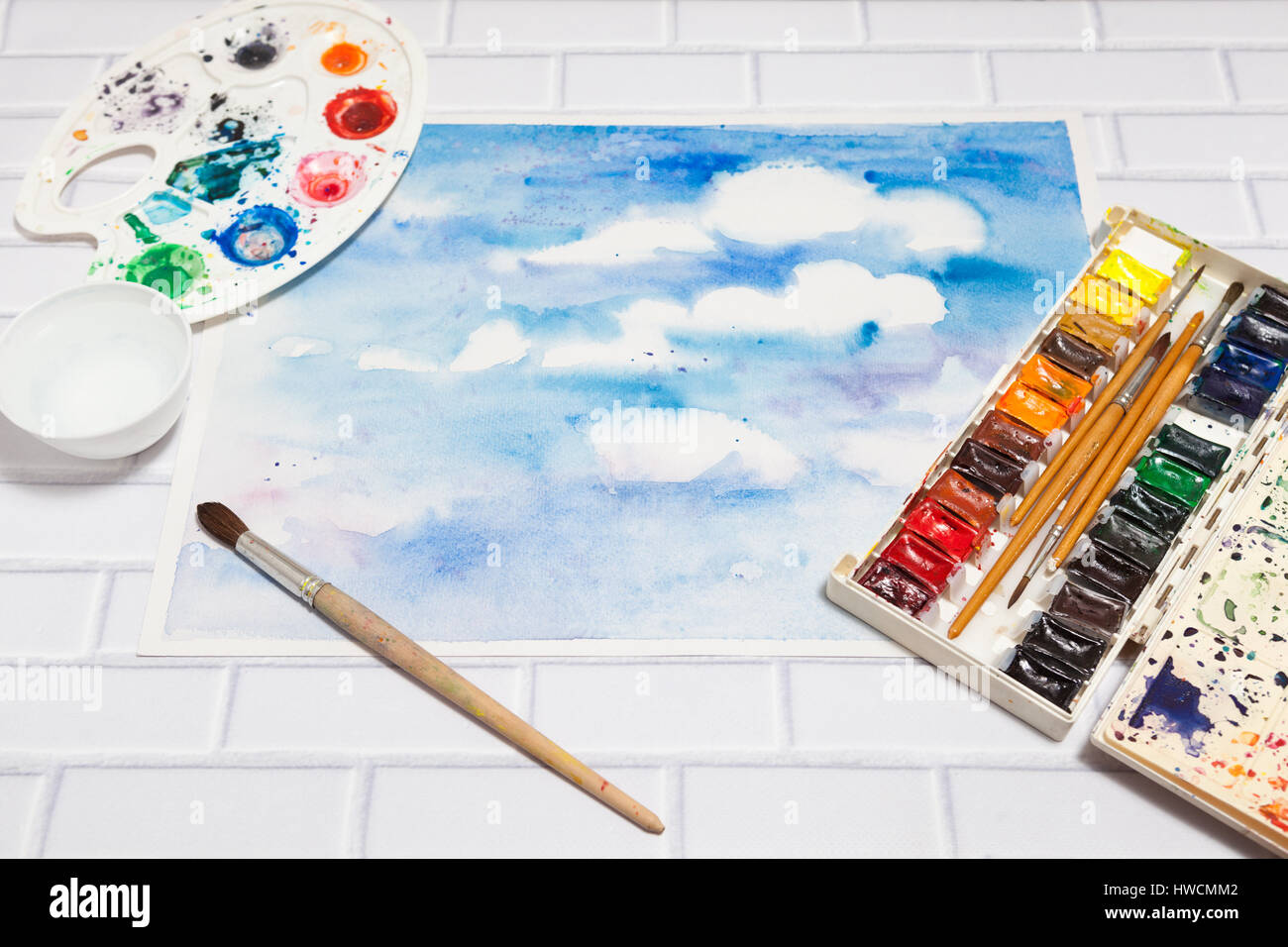 Sketch of Blue Sky with tools for drawing Stock Photo - Alamy