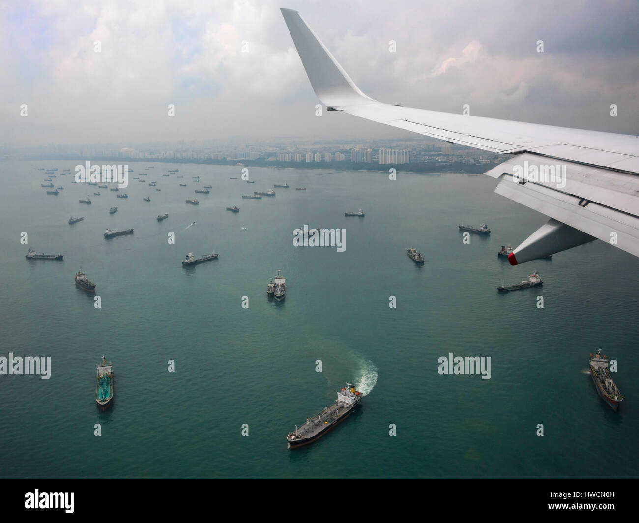 Horizontal aerial view of ships lying at anchor in the Straits of ...