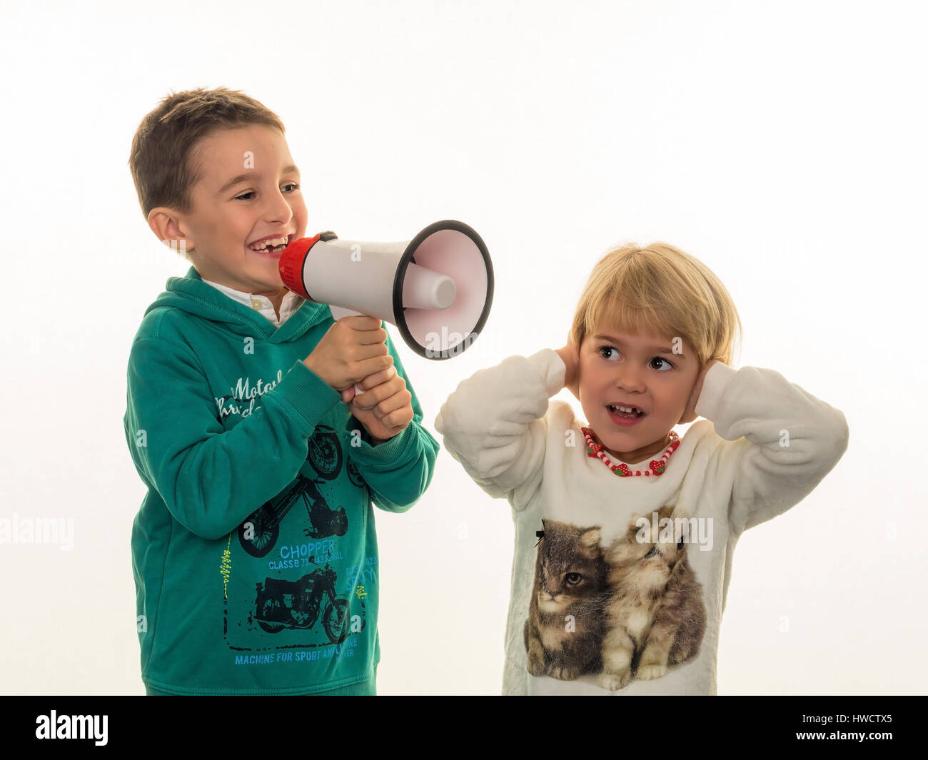 A child with a megaphone in the hand, Ein Kind mit einem Megaphon in ...