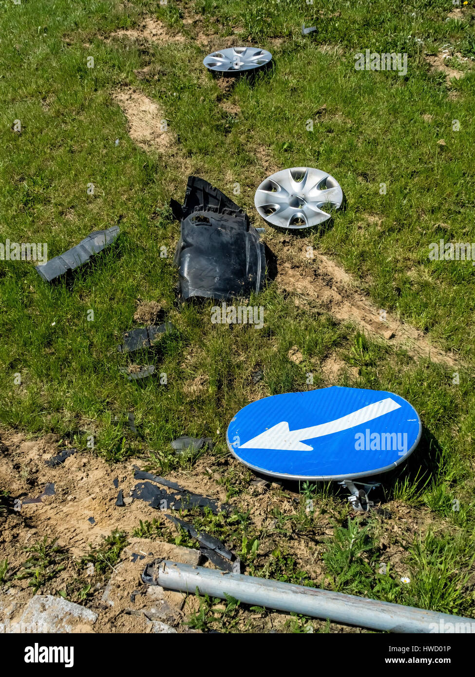 With a car accident traffic signs were driven with a traffic of a ...