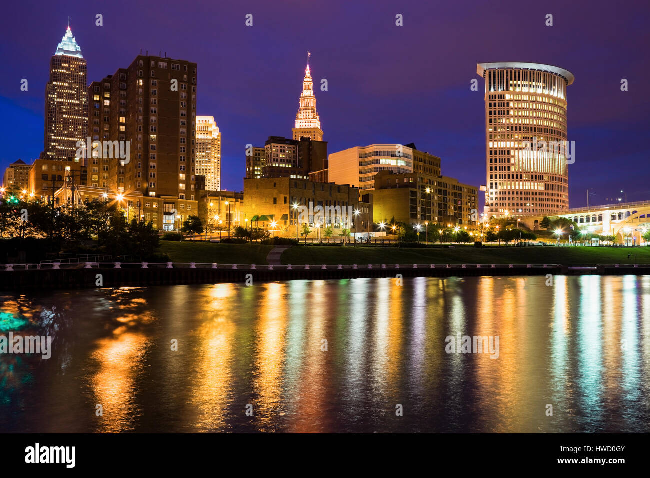 Cleveland skyline across Cuyahoga River. Cleveland, Ohio, USA Stock ...