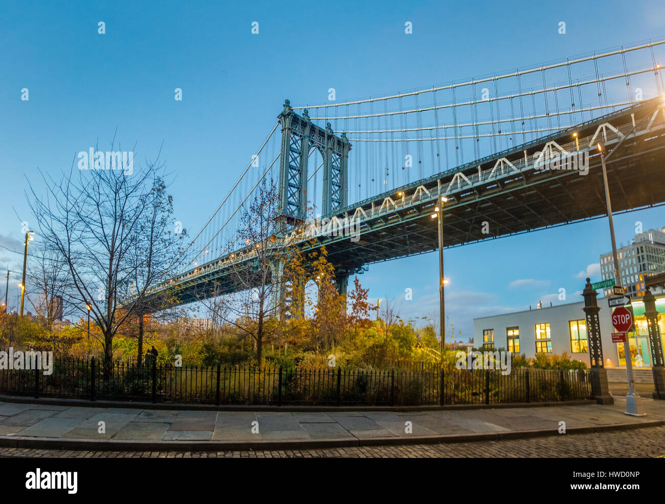 Manhattan Bridge seen from Dumbo on Brooklyn at sunset - New York, USA ...