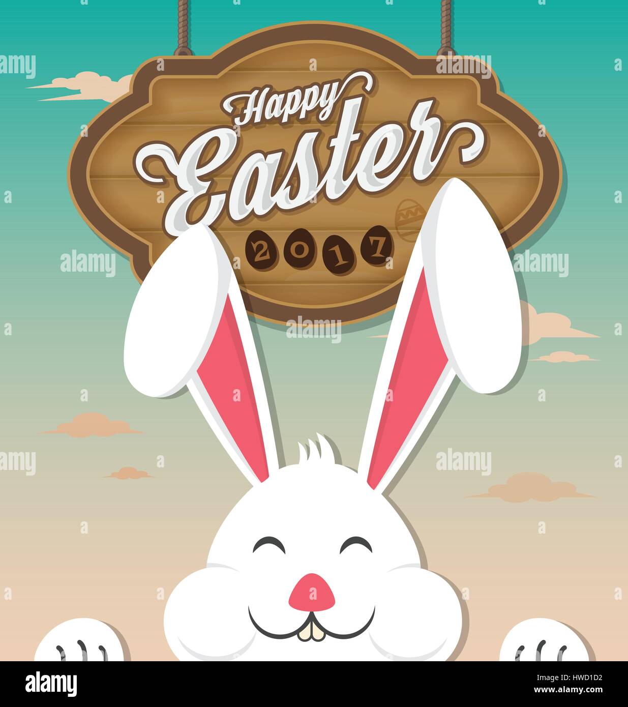 Happy Easter 2017 with wooden board hanging and smiling rabbit. Vector ...