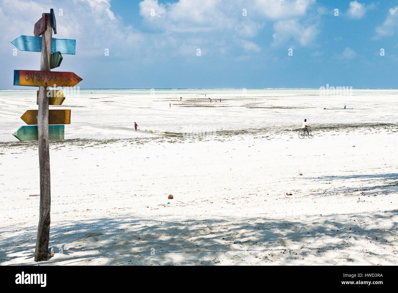 Tanzania, Zanzibar, Paje, signage panel on a white sand beach at low ...