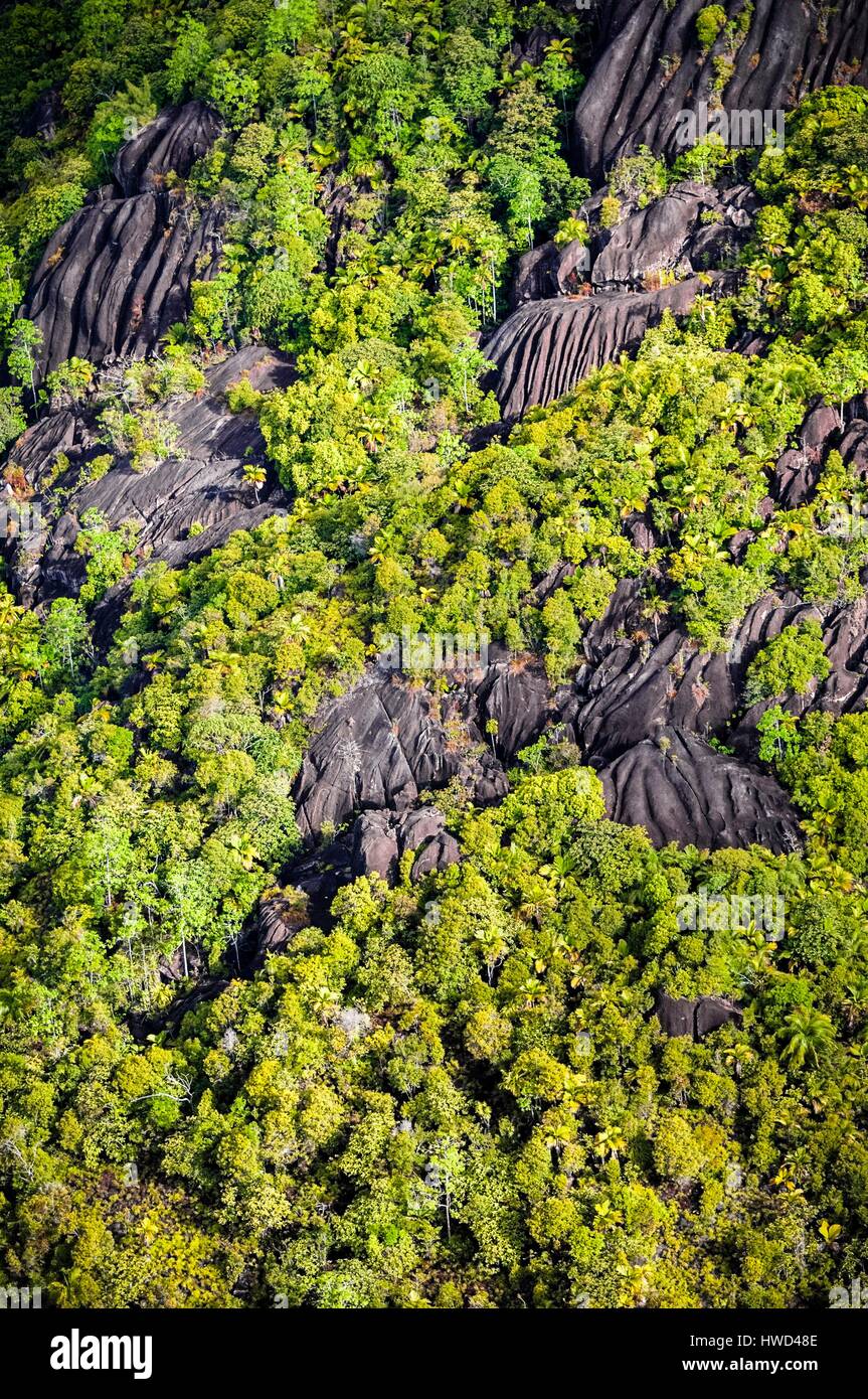 Seychelles, Mahe island, the rainforest and granite cliffs of the Morne ...