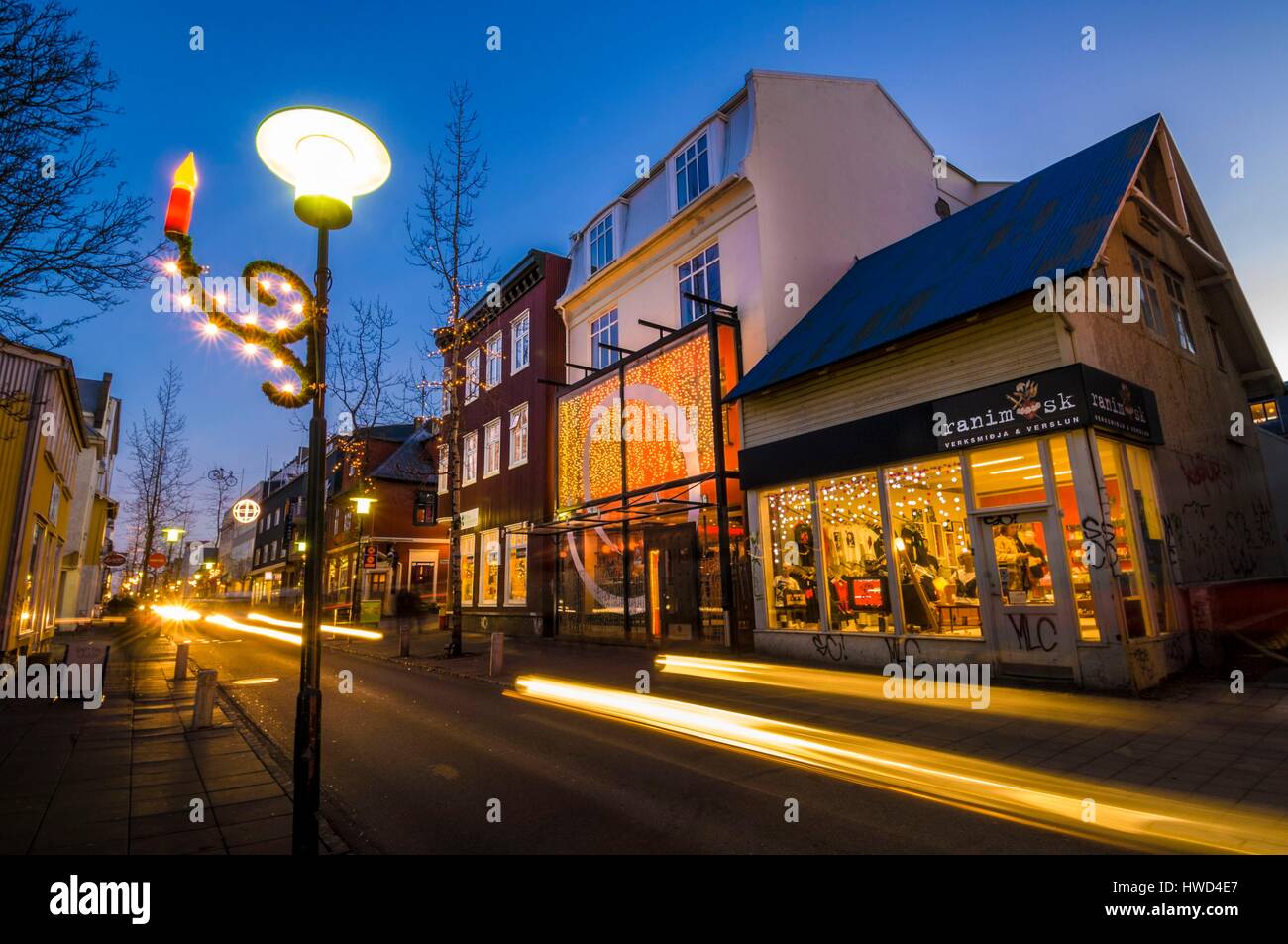 Iceland, Reykjavik, street of the capital by night, Christmas lights ...
