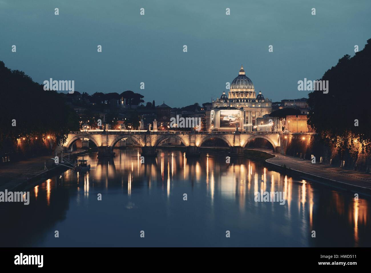 River Tiber in Rome with Vatican City St Peters Basilica and Ponte Sant ...