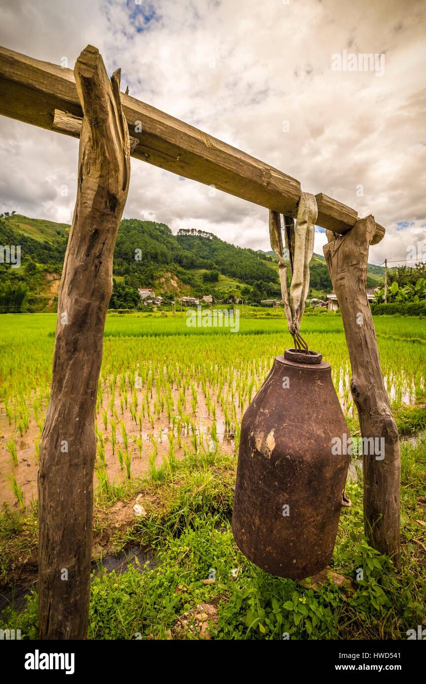 Vietnam, High Tonkin, province of Yen Bai, Mu Cang Chai, community bell ...