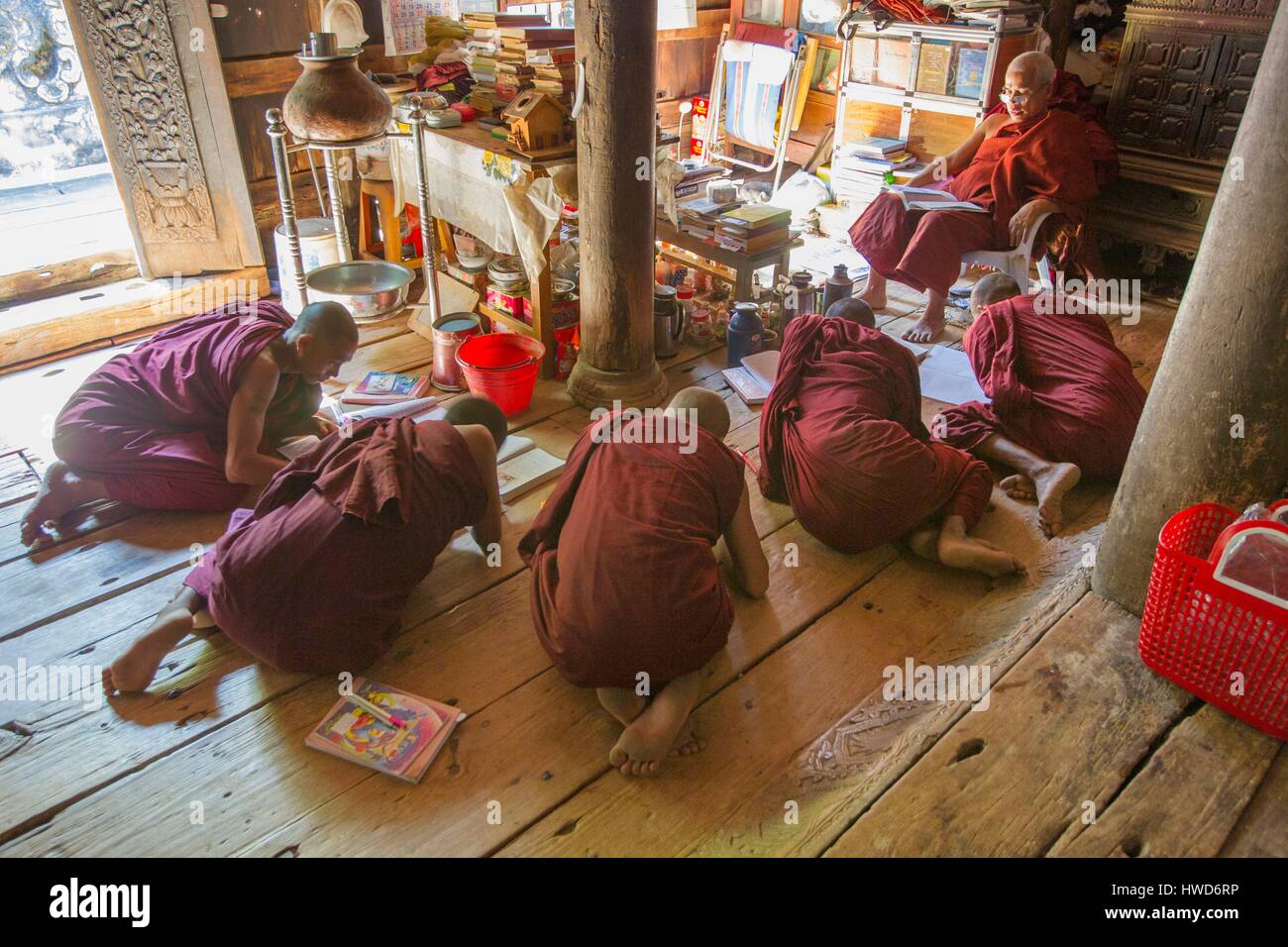 Myanmar (Burma), Mandalay district, Inwa, Kyaung Bagaya, students with ...