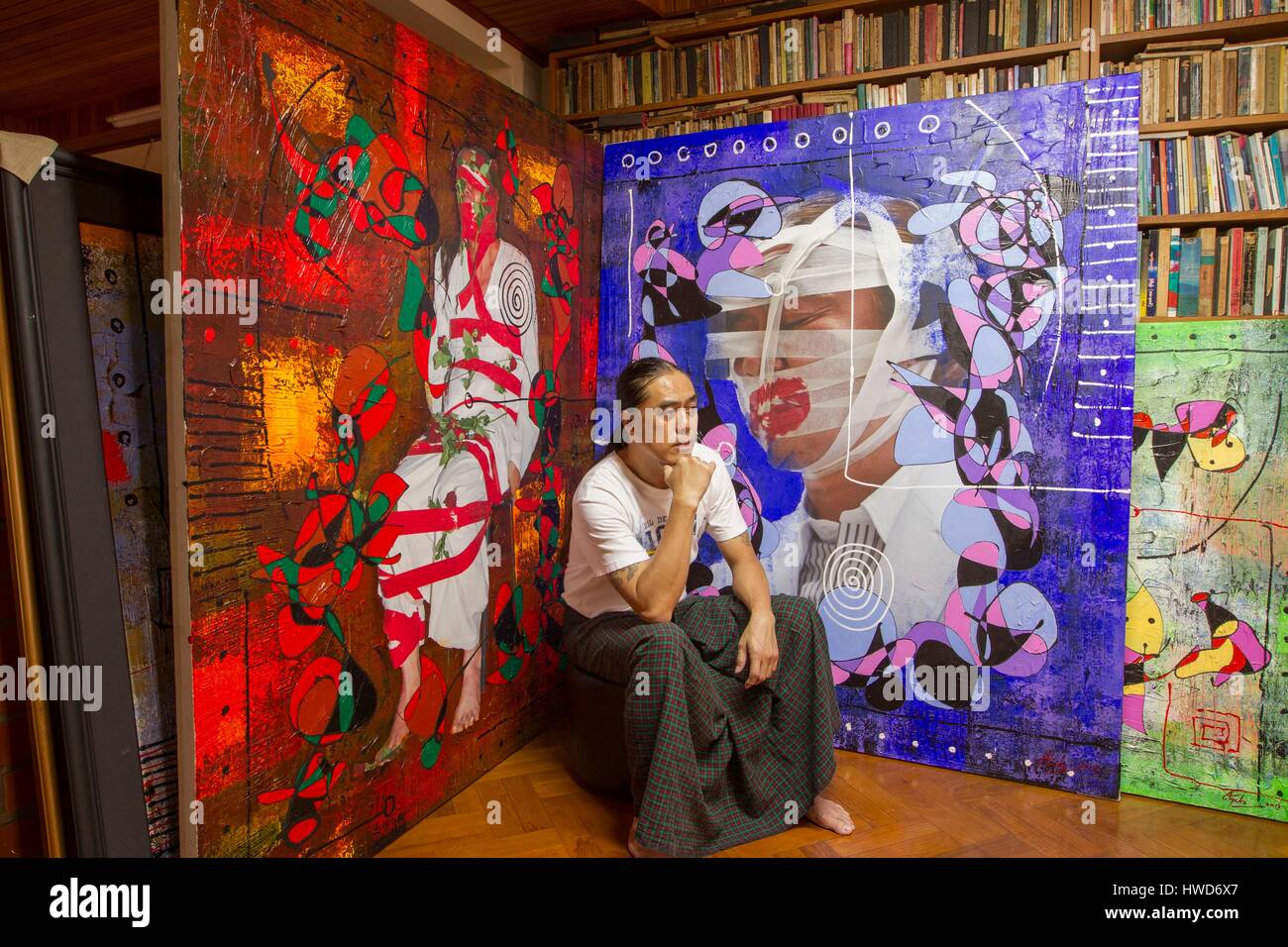 Myanmar (Burma), Rangoon, the painter Aye Ko Stock Photo - Alamy