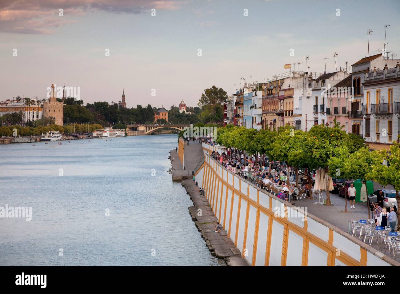 Spain, Andalusia, Sevilla, Triana and the Torre del oro on the left ...