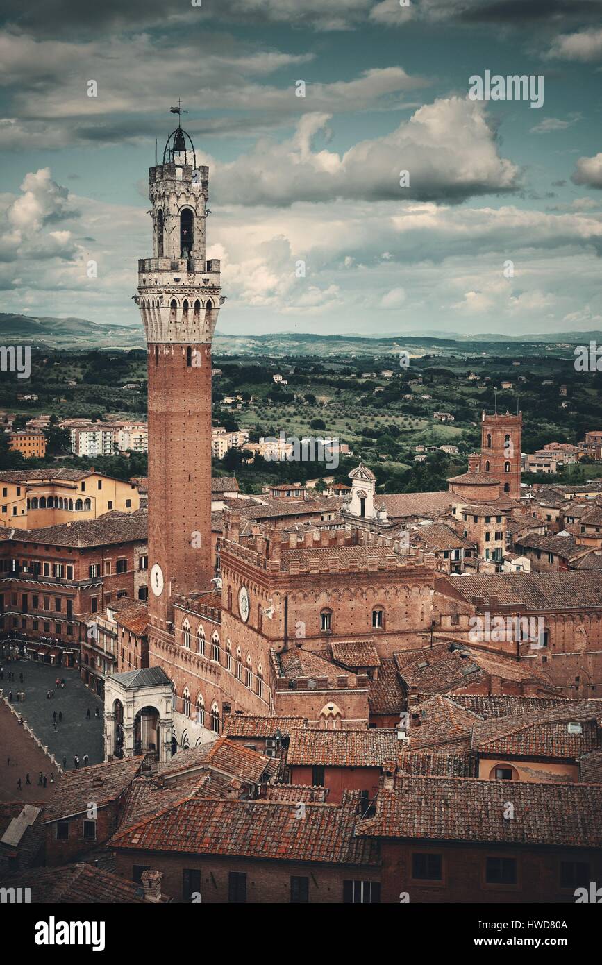 Medieval town Siena skyline view with historic buildings and Town Hall ...