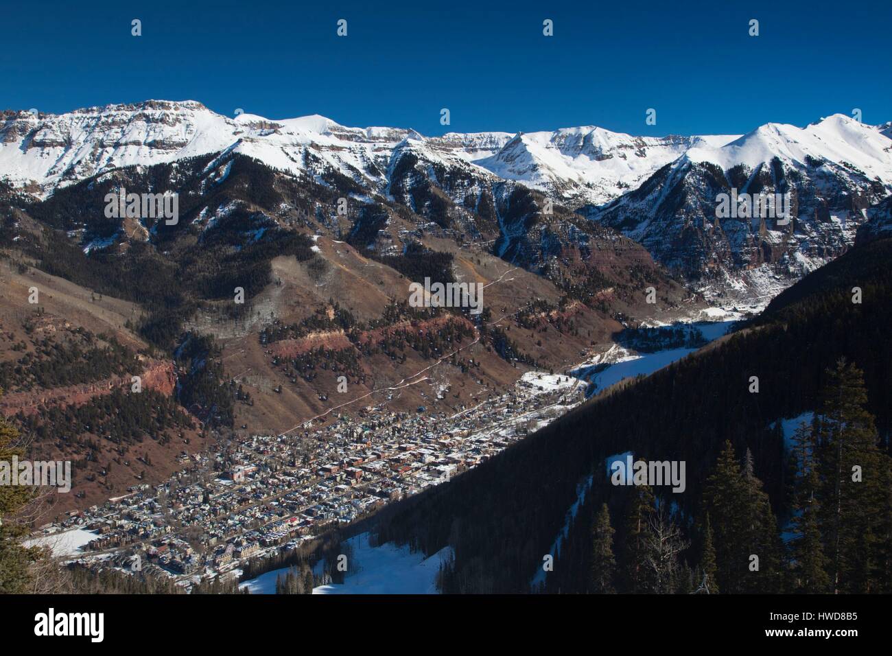 United States, Colorado, Telluride, elevated town view from Mountain ...