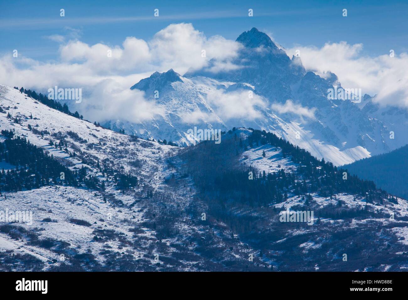 United States, Colorado, Dallas Divide, winter view of Mount Sneffels ...