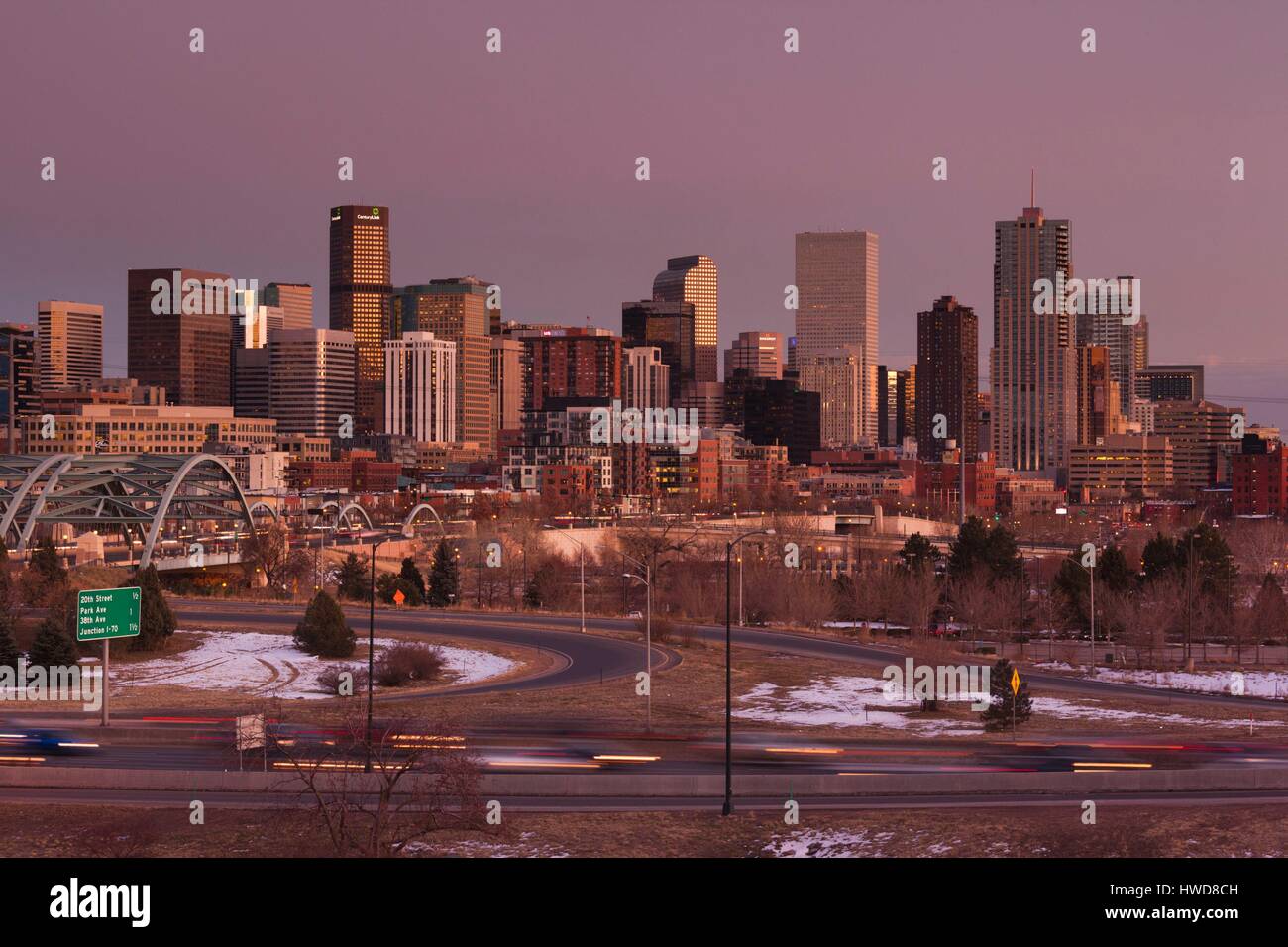 United States, Colorado, Denver, city view from the west, dusk Stock ...