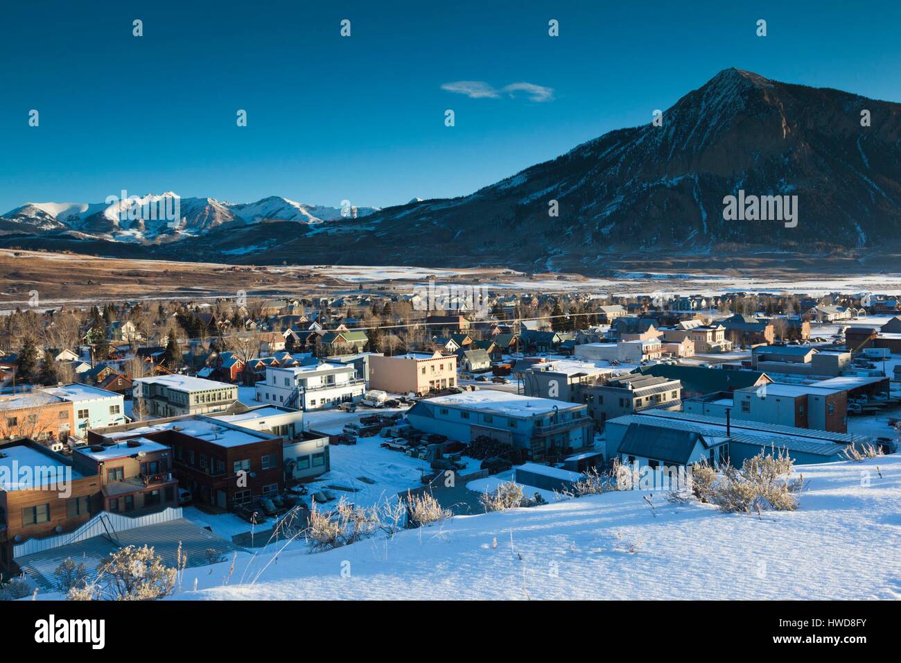 United States, Colorado, Crested Butte, elevated town view, with Mount ...