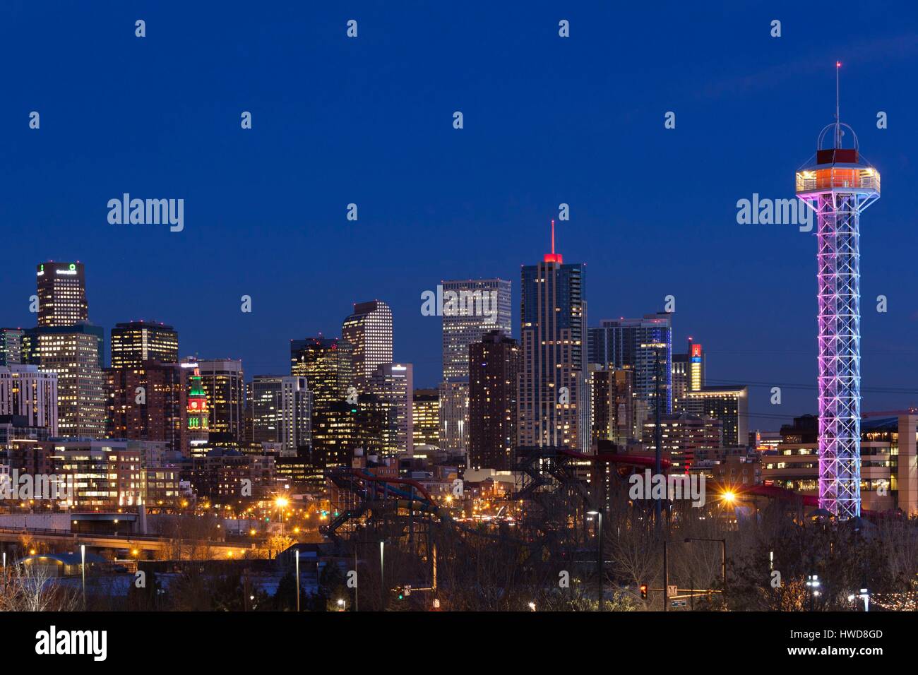 United States, Colorado, Denver, city view from the west at dusk with ...