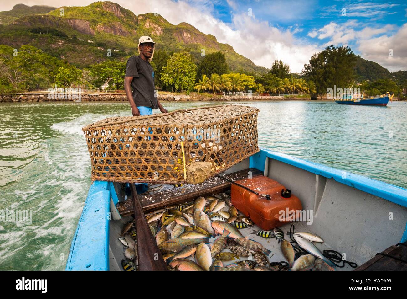 Seychelles, Mahe Island, fishermen getting their fishing trap of ...