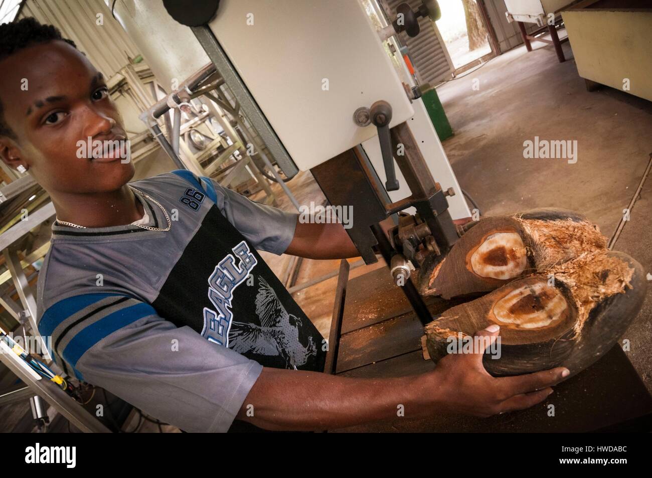 Seychelles, Mahe Island, Le Cap, craft village, Sarah RODDY saws in two ...