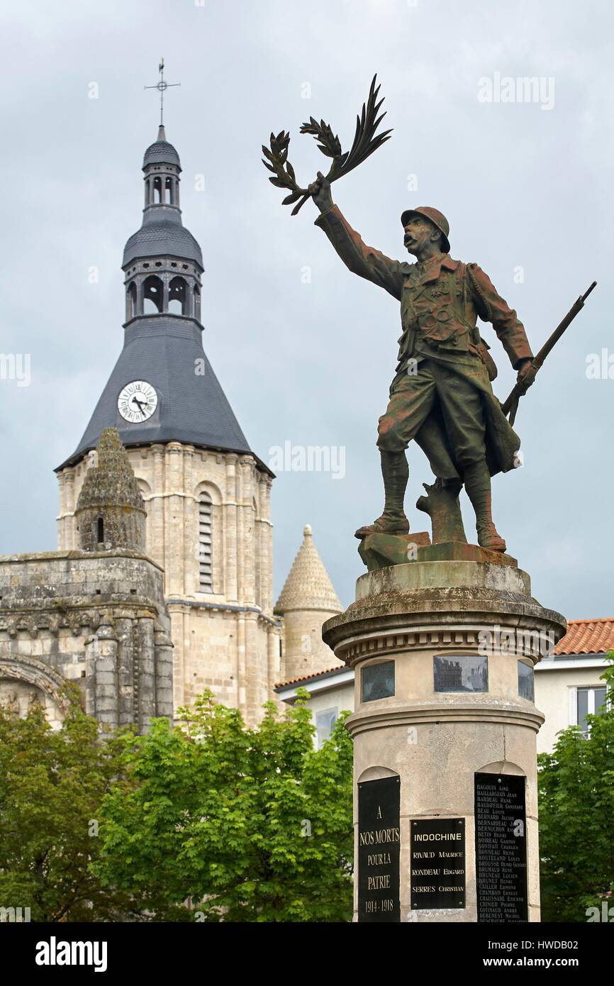 France, Vienne, Civray, War Memorial and St. Nicolas church in the ...