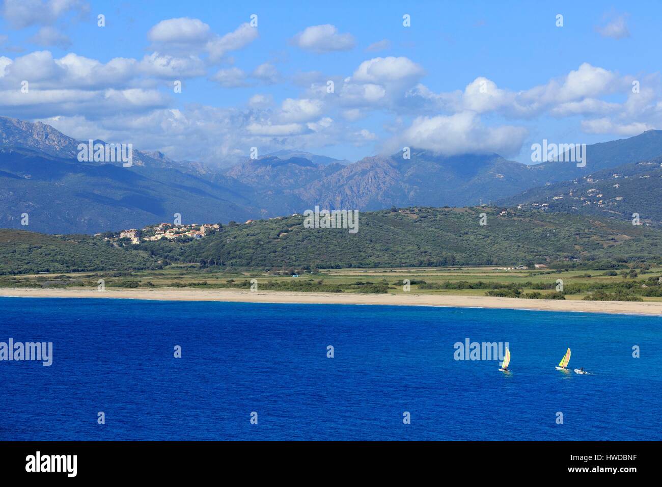 France, Corse du Sud, Propriano, Portigliolo beach, the village in the ...