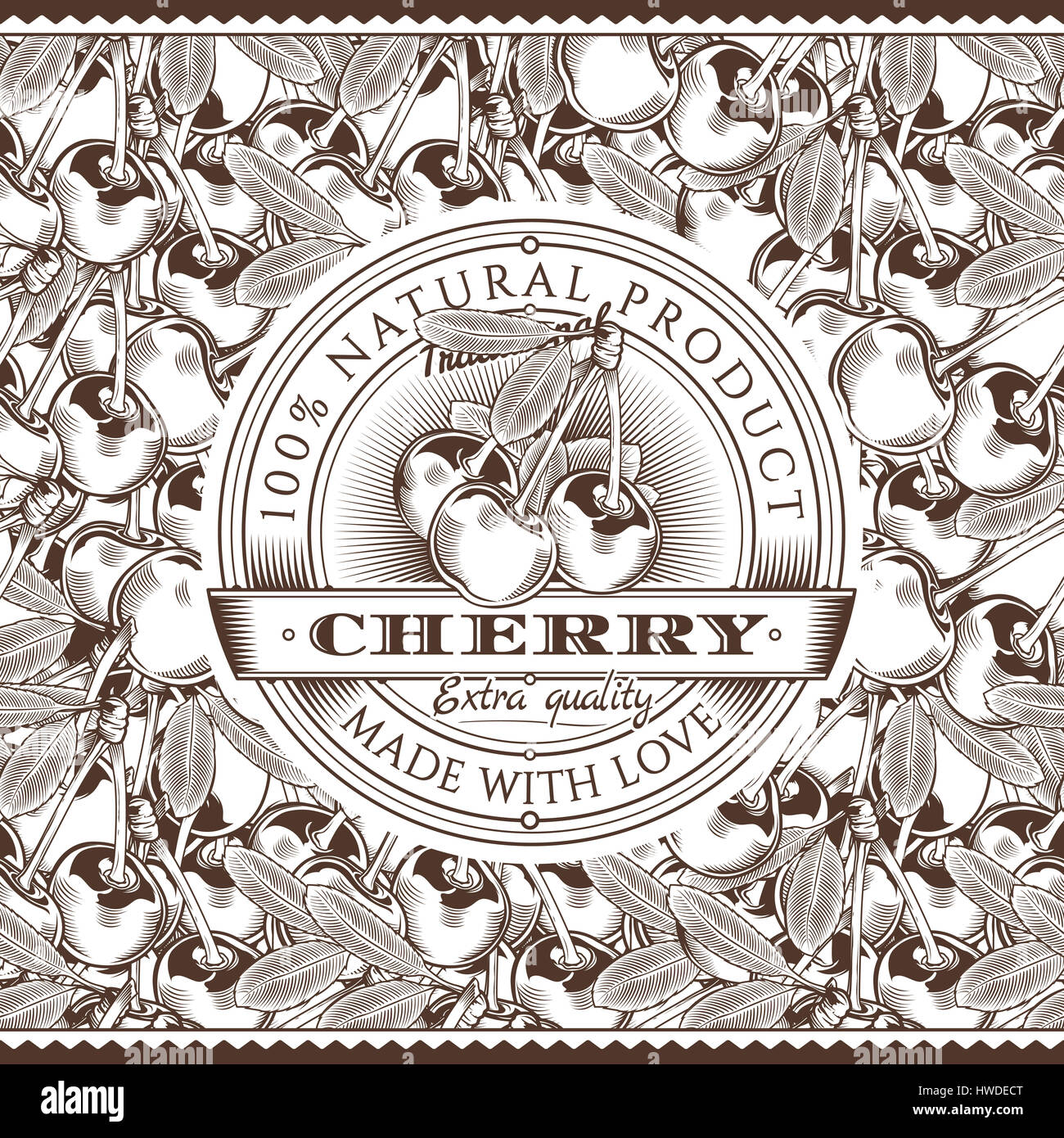 Vintage Cherry Label On Seamless Pattern Stock Photo - Alamy