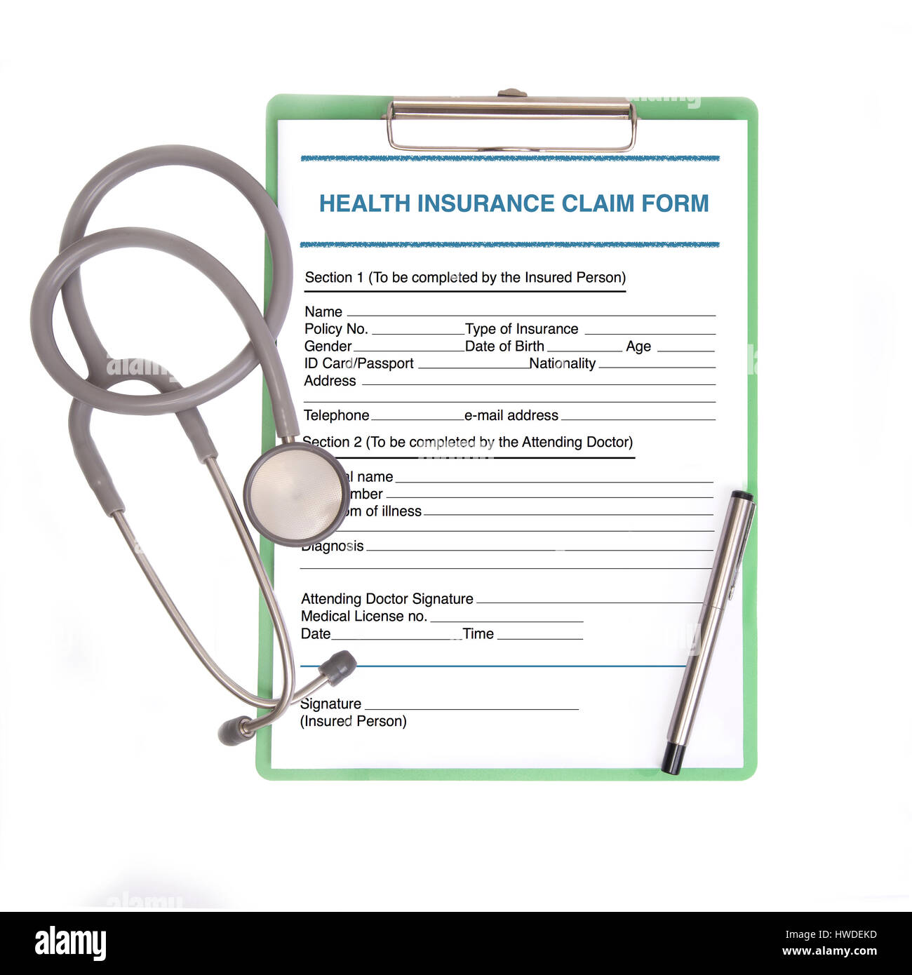 Blank insurance claim form on clipboard with stethoscope and pen Stock ...