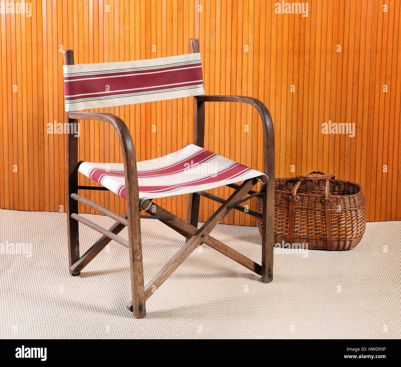 Furniture Still Life of Folding Retro Beach Chair with Striped Pattern ...