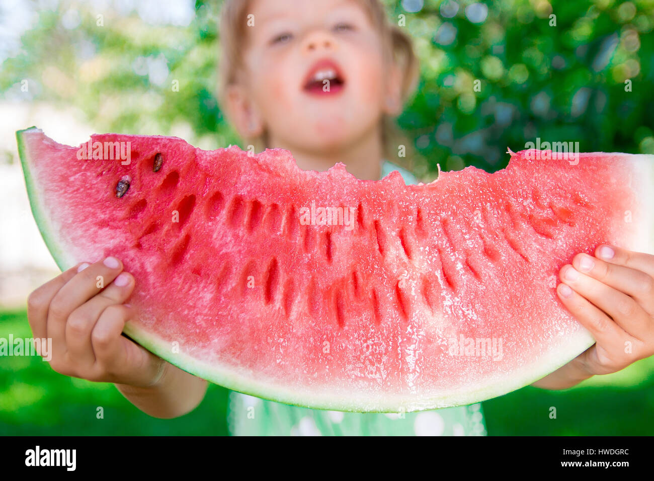 Big slice watermelon in unrecognizable little girls hands in summer ...