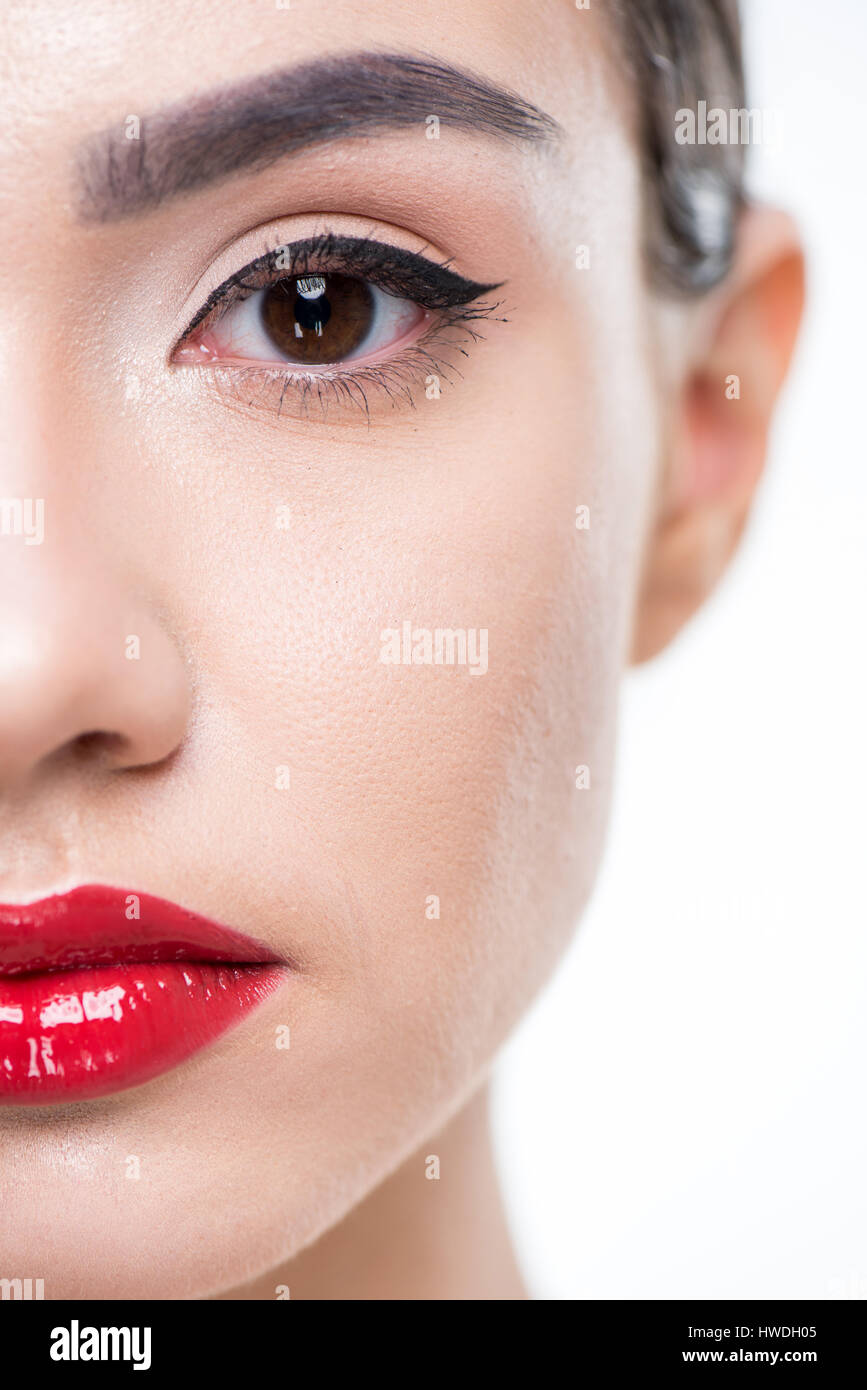 Half of female face with red lips isolated on white Stock Photo - Alamy