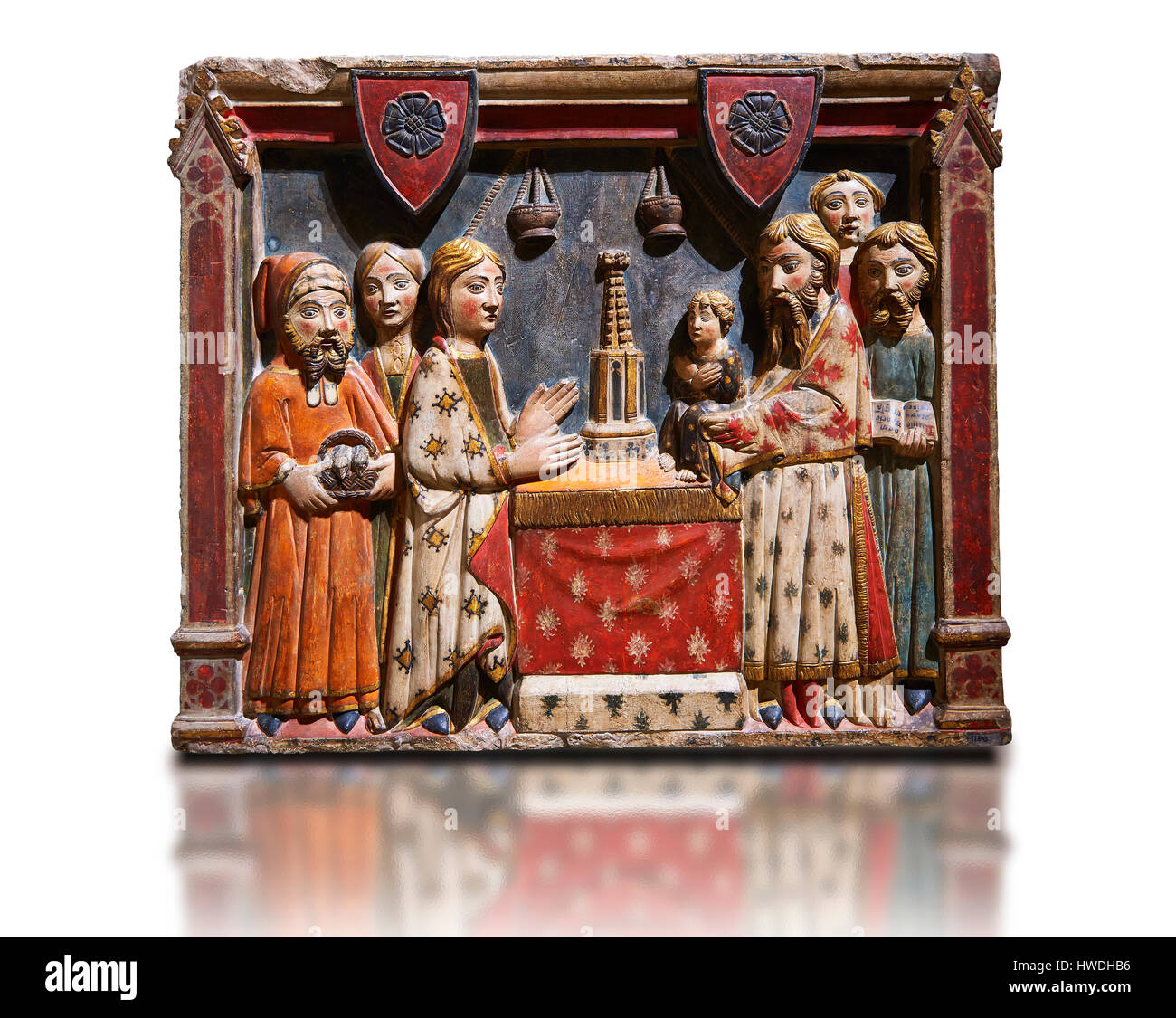 Gothic painted bas-relief of the Presentation of Jesus at the Templeby ...